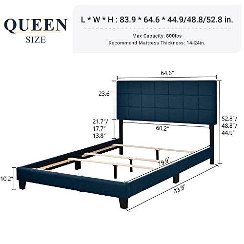 Allewie Queen Size Panel Bed Frame with Adjustable Headboard for High Profile/Fabric Upholstered/Square Stitched Padded Headboard/Box Spring or Bunkie Board Required/Navy Blue
