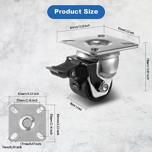 2 Inch Casters Wheels, Heavy Duty Casters Set of 4, Low Gravity Center Industrial Grade Casters with Brake 2200 LBS, No Noise Locking Plate Swivel Casters, Durable Nylon Wheels for Machine, Equipment