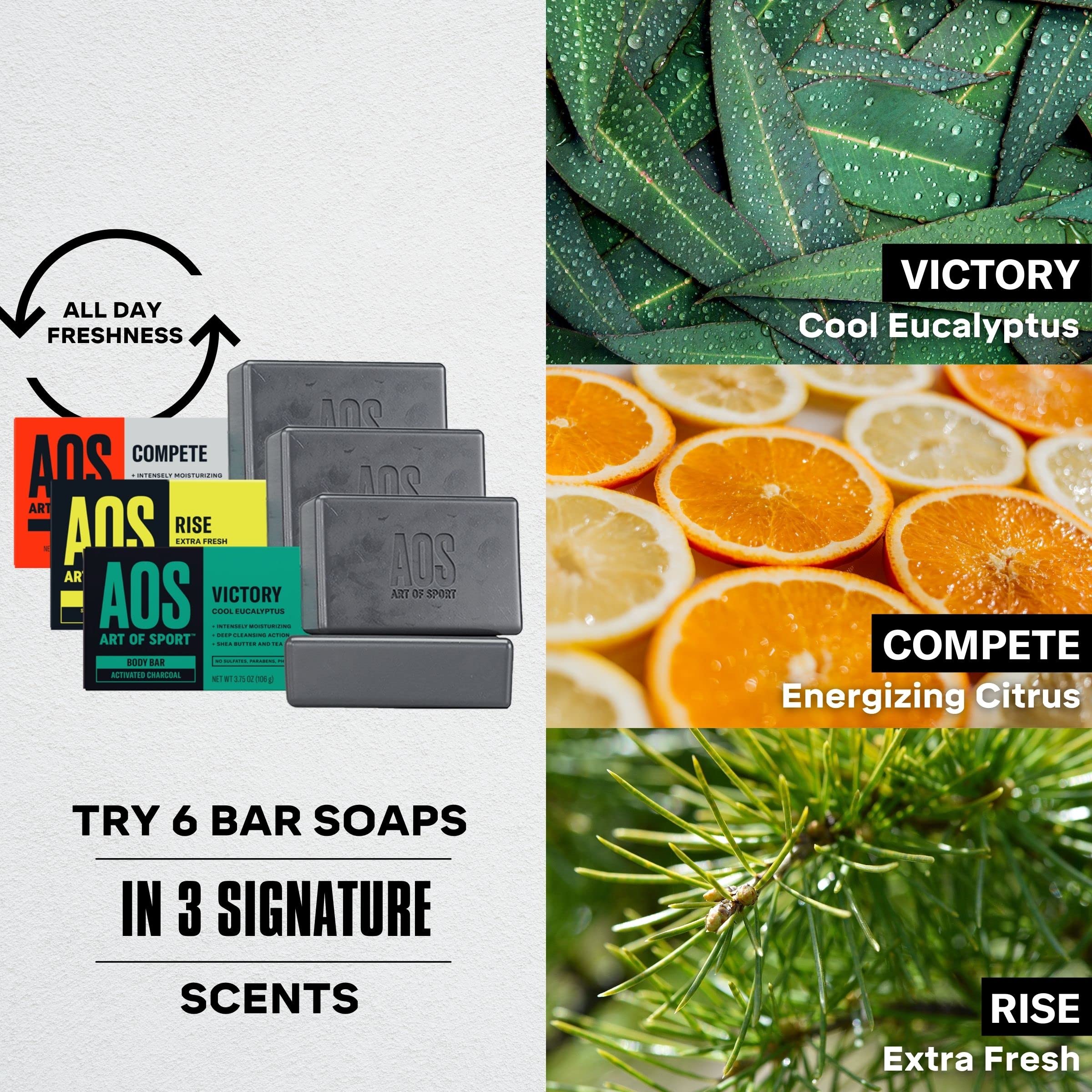 Art of Sport Men’s Bar Soap, Charcoal Activated Hand, Face and Body Soap, Variety Pack, Made with Natural Botanicals, Moisturizing Tea Tree Soap, Made for Athletes, Defy Scent, 3.75 Ounce (Pack of 6)