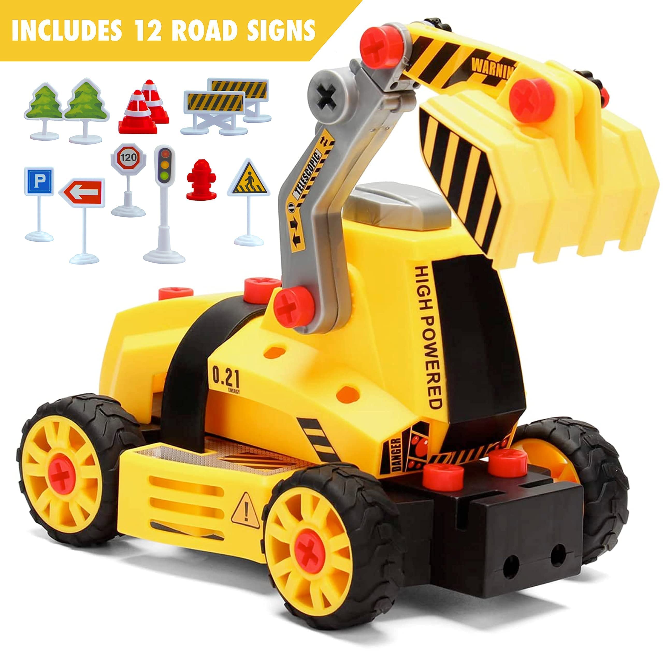 14-in-1 Take Apart Construction Toys 155pcs DIY Engineering Playset, 2 Electric Drills, Play Mat and Road Signs, Push & Go STEM Learning Bundle w/Lights, Sounds for Early Education, Boys and Girls 4+
