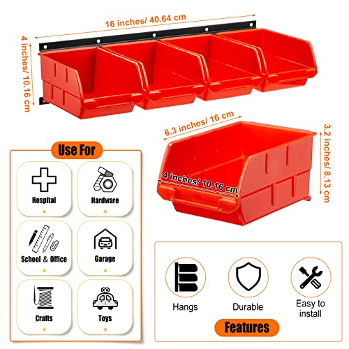 16 Pcs Plastic Wall Mounted Storage Bins (6.3inch x 3.2inch x 4inch) Hanging Stackable Storage with 4 Pieces Horizontal Shelf Trays Screw Organizers and Storage Bins Tool Organizers for Men Tools Gift