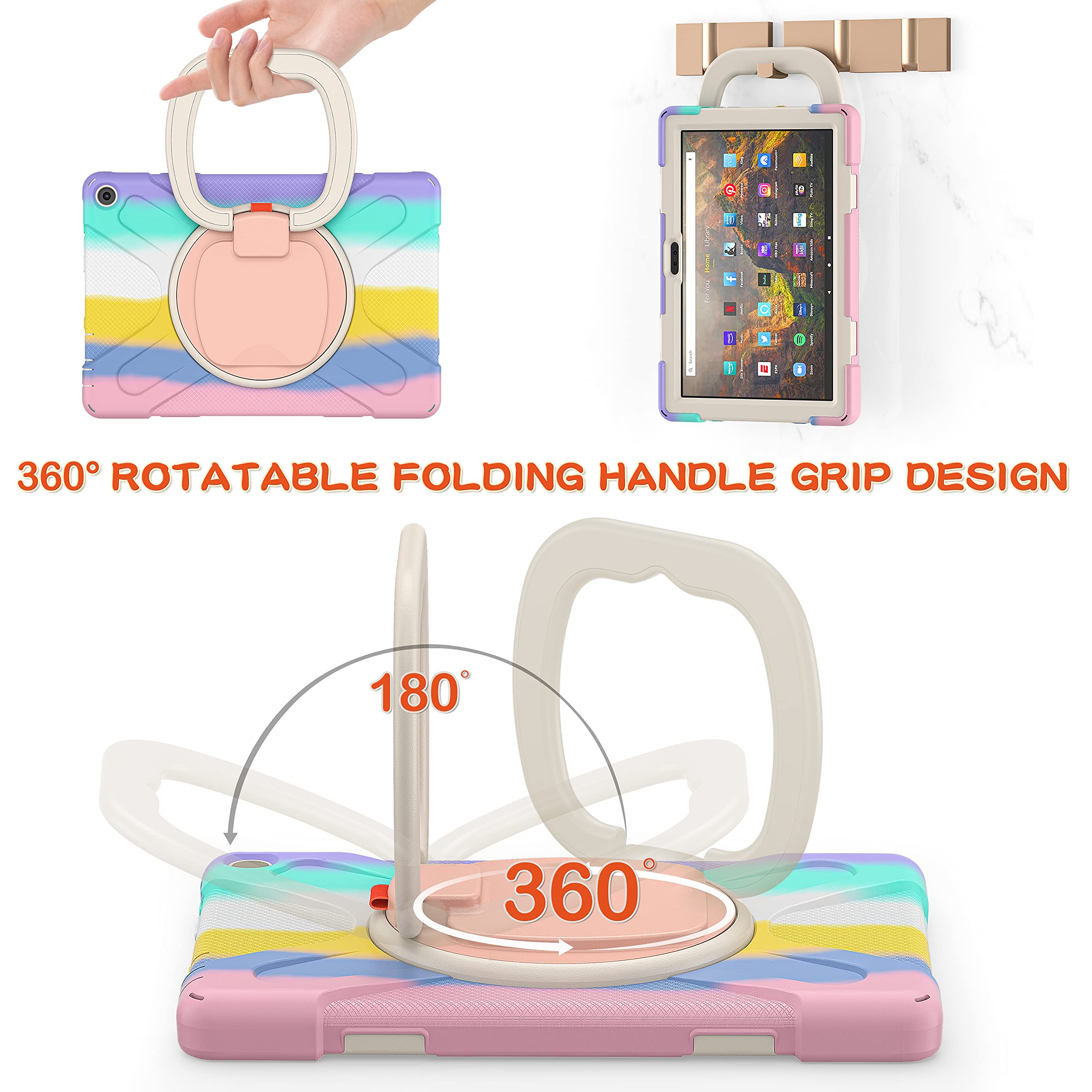 360 ° Rotation Portable Case for Fire HD 10 & 10 Plus Tablet(11th Generation, 2021 Release Rugged Case Rotating Stand Hand Strap Shoulder Carrying Strap Outdoor Cover (Colourful Pink)