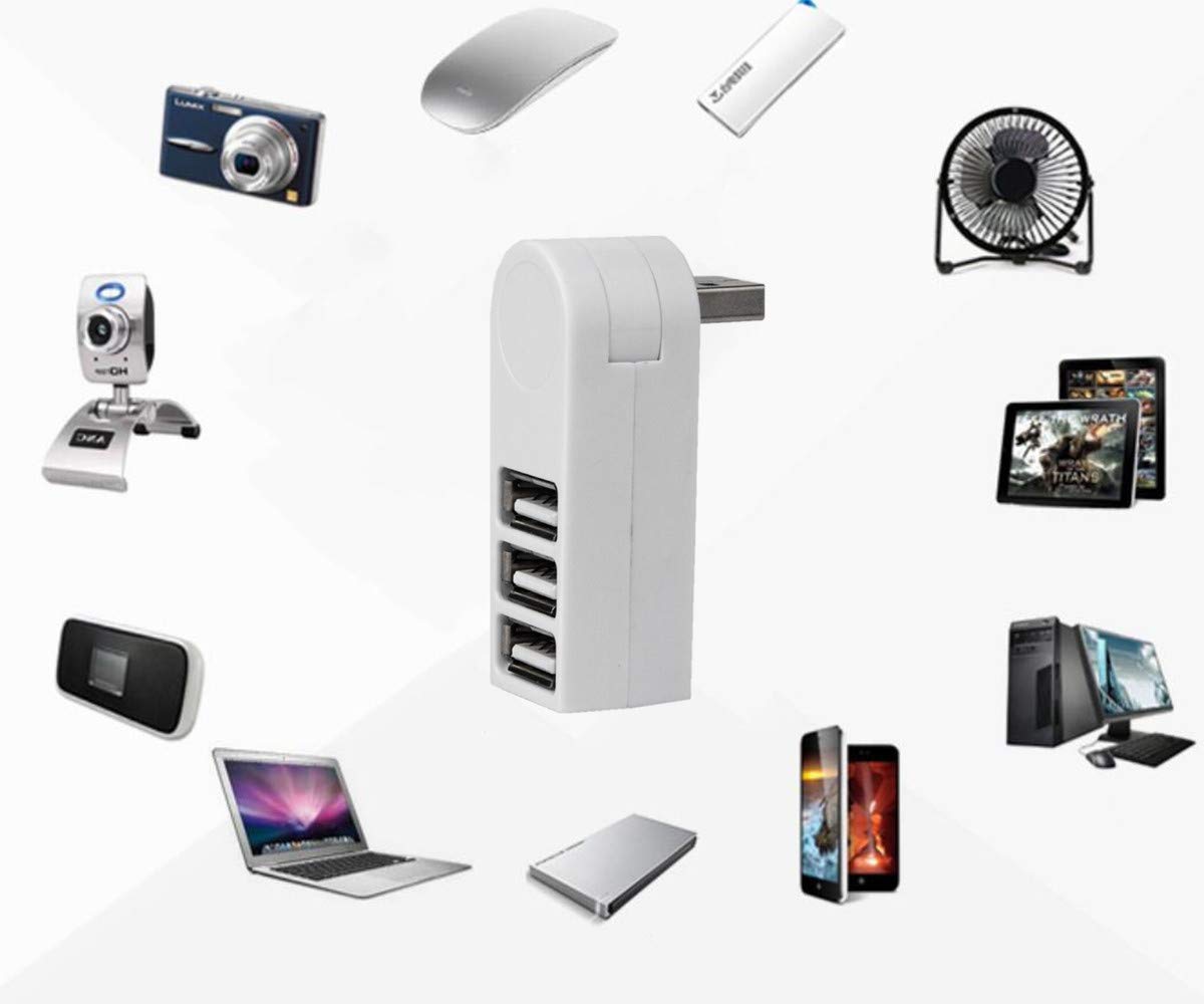 3 Ports USB 2.0 Rotatable HUB, USB to 3USB 2.0 Converter 90° 180° 270° Degree for PC Laptop Notebook Tablet (White)