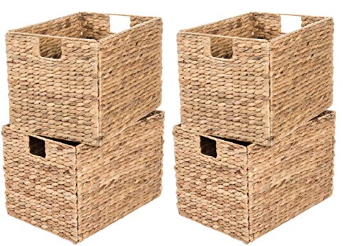4 Decorative Hand-Woven Small Water Hyacinth Wicker Storage Basket, 13x11x11 Perfect for Shelving Units