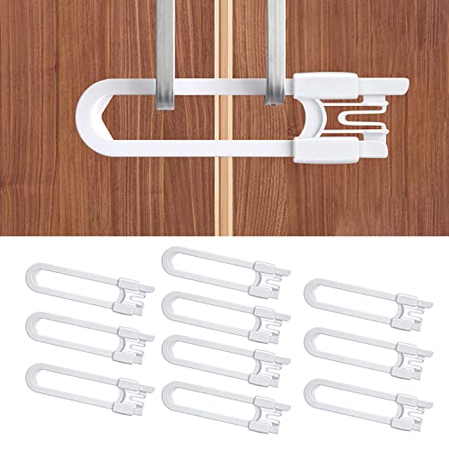 10 Pack Baby Sliding Cabinet Locks - Vmaisi Adjustable U Shaped Child Safety Locks,Childproof Latches for Kitchen Bathroom Storage Cupboards Doors, Handles and Knobs White (10)
