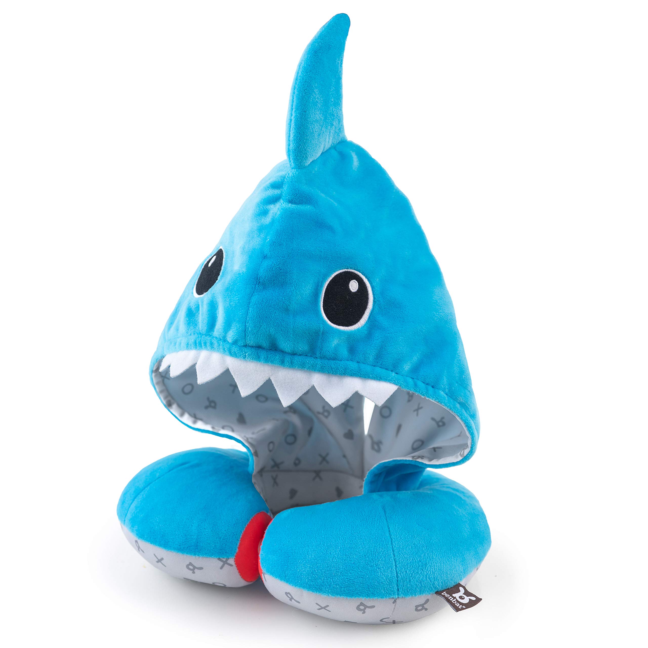 BENBAT Hooded Travel Pillow Neck Support – Soft, Polyester Total Car Seat Head Support for Children 4+ with Magnetic Closure and Ponytail Hole – Machine-Washable Travel Essentials (Shark)