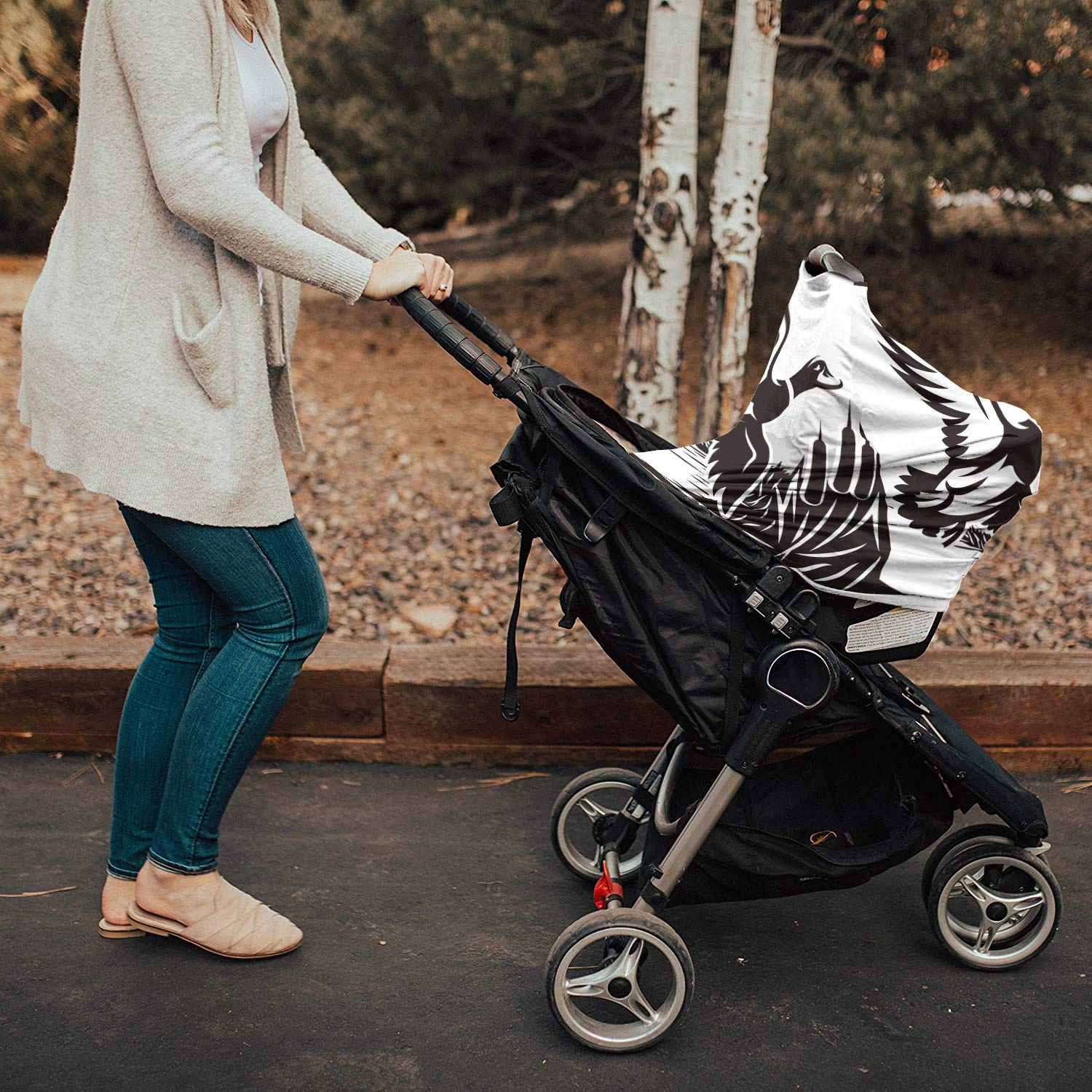 Car Seat Canopy Nursy Cover, Flying Duck Black and White Art Multi Use Breastfeeding Scarf for Infant Carseat Canopy, Stroller, Shopping Cart, Highchair