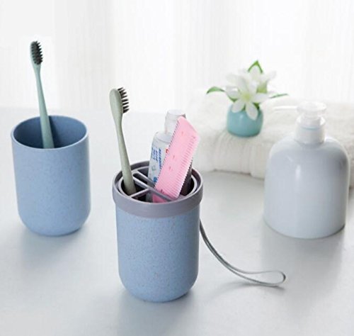 1Pcs Travel Toothbrush Cup Multifunction Wheat Stalk Wash Gargle Cup Portable Business Trips Handy Travel Toothpaste Case Holder Container Storage Box Organizer for Travel and Outdoors (Blue)