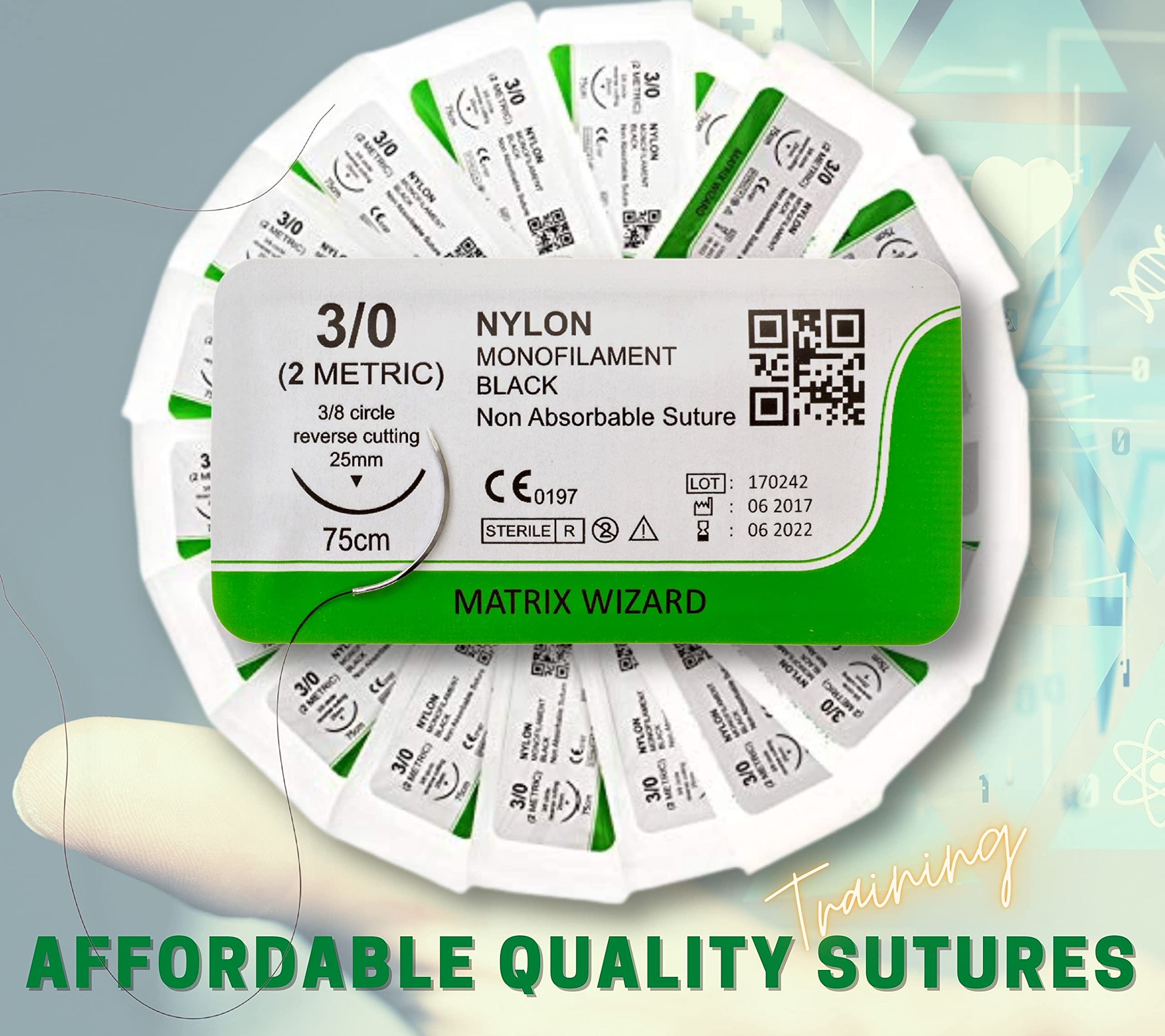 3-0 Sterile Sutures Thread with Needle (Black Monofilament) - Medical and Nursing Student's Surgical Practice Suture Kit, Training with Stitching Pad, First Aid Field Emergency Demo, Vet Use
