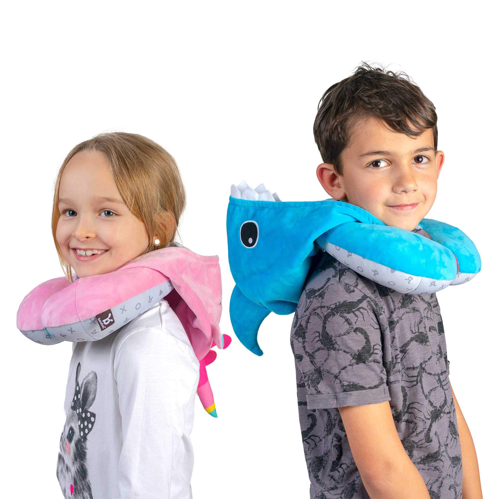 BENBAT Hooded Travel Pillow Neck Support β Soft, Polyester Total Car Seat Head Support for Children 4+ with Magnetic Closure and Ponytail Hole β Machine-Washable Travel Essentials (Shark)
