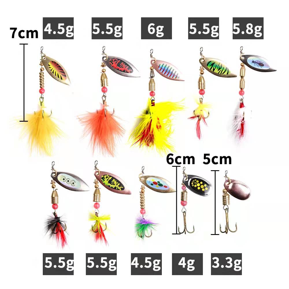 10 pcs Sinking Spinner baits kit with Tackle Box, as Spinner Fishing Lures for Bass Trout Salmon in Various Saltwater and Freshwater