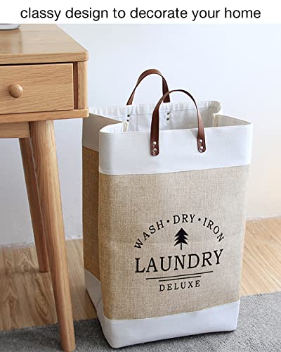AMZTOP Linen Clothes Hamper Patchwork Collapsible Laundry Basket with Leather Handles for Storage Toys and Clothing in Bedroom, Bathroom Foldable Laundry Hamper 68L