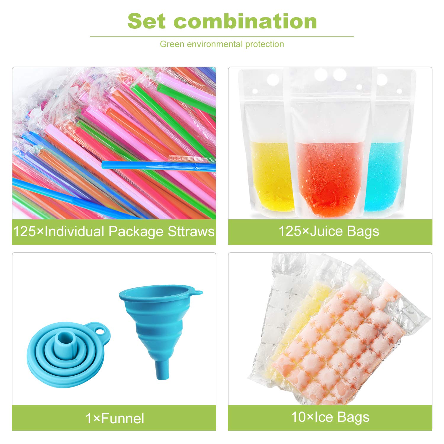 125Pcs Drink Pouches for Adults with Individual Package Straws Reclosable Zipper Smoothie Bags Juice Pouches Heavy Duty Hand-held Cold & Hot Drinks,BPA & Phthalate Free - Funnel Included