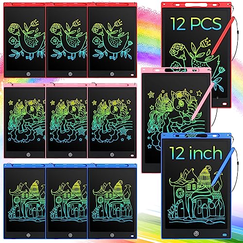 12 Pcs LCD Drawing Pad for Kids 12 Inch Doodle Board Bulk Colorful Erasable Drawing Tablet Writing Pad Reusable Electronic Toys Gifts for Girls Boys 8-10 3-10, Blue, Red, Pink
