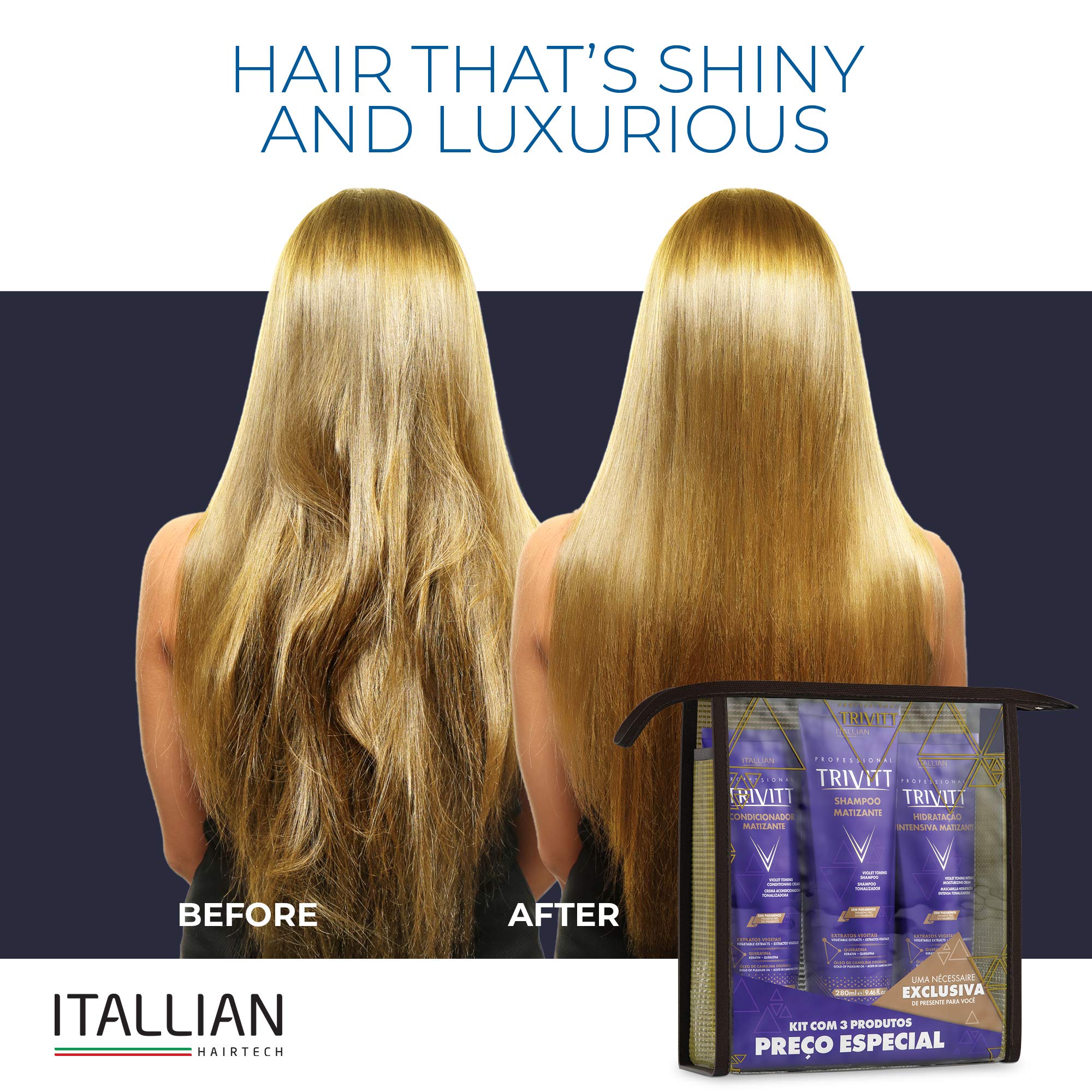3 Piece Violet Toning Kit for Blonde Hair - Shampoo 280ml, Conditioner Cream 250ml, Intensive Moisturizing Cream 250ml for Advanced Hydration and Repair - Professional Trivitt by Itallian Hairtech