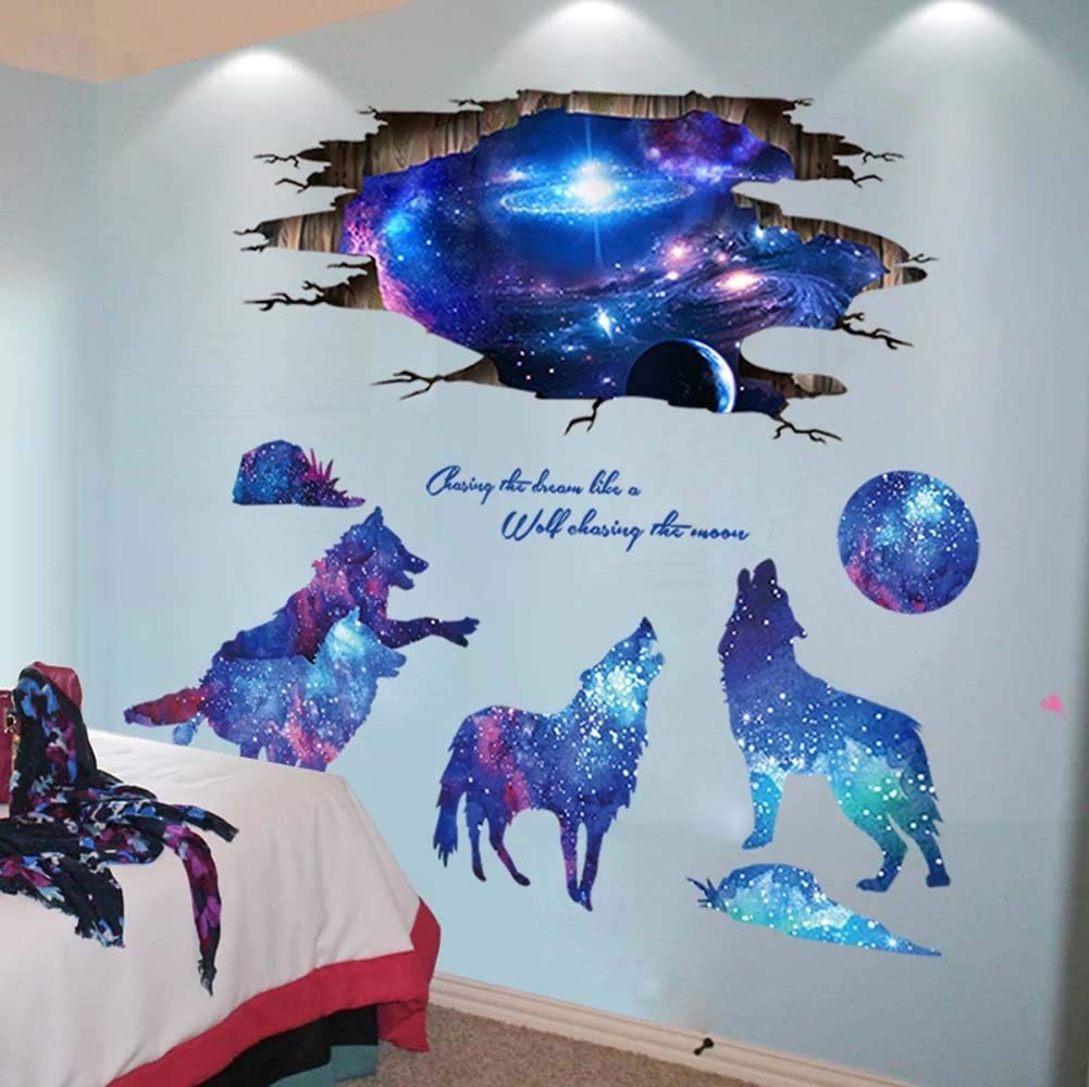 3D Blue Starry Sky Wolf Moon Wall Decals Removable PVC Magic 3D Milky Way Outer Space Planet Wall Sticker Peel Stick Home Decor for Kids Baby Bedroom Boys Girls Nursery Room Ceiling Living Room