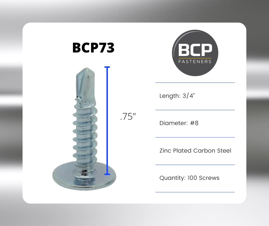 100 Qty #8 x 3/4" Zinc Wafer Modified Truss Head TEK Self Drilling Sheet Metal Screws (BCP73)