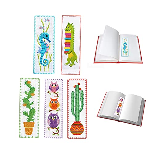 10Pcs Cross-Stitch Stamped Kits,Cross Stitch Bookmark Kits Pre-Sorted Floss for Kids Adults Beginner, DIY Pre-Printed Crossstitch for Book Lovers (5 Styles)