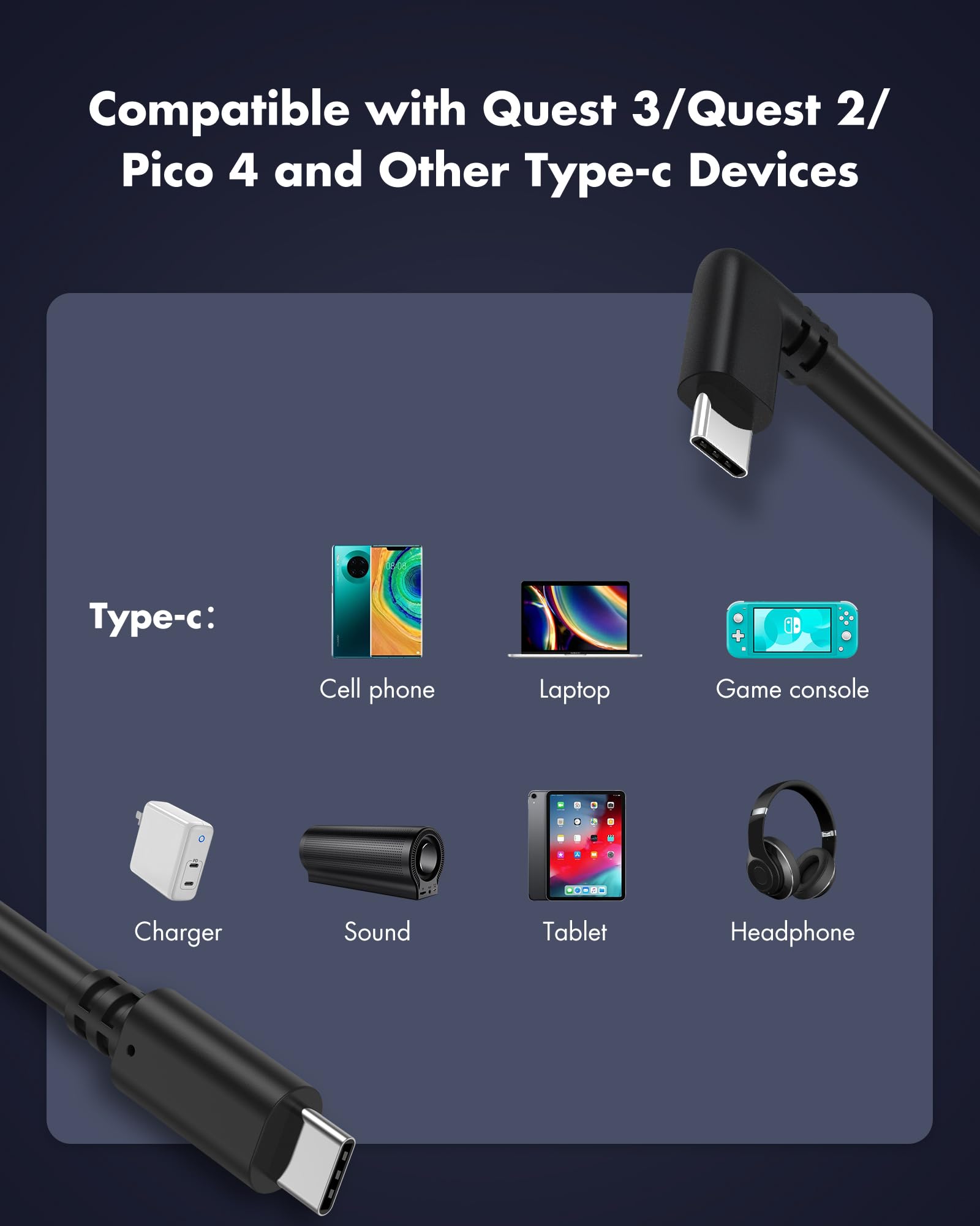 KIWI design Link Cable USB A to Type-C, 10 Feet/3m USB C 3.0 Cable Compatible with Quest 3/2/1/Pro, and Pico 4 (Black)