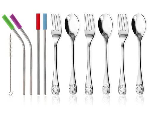 15 Pieces Toddler Kids Utensils Kids Silverware Set Stainless Steel, Safe Baby Utensils 3 Toddler Forks 3 Toddler Spoons 4 Reusable Metal Straws 4 Silicone Tips and Brush, Kid Utensils Flatware