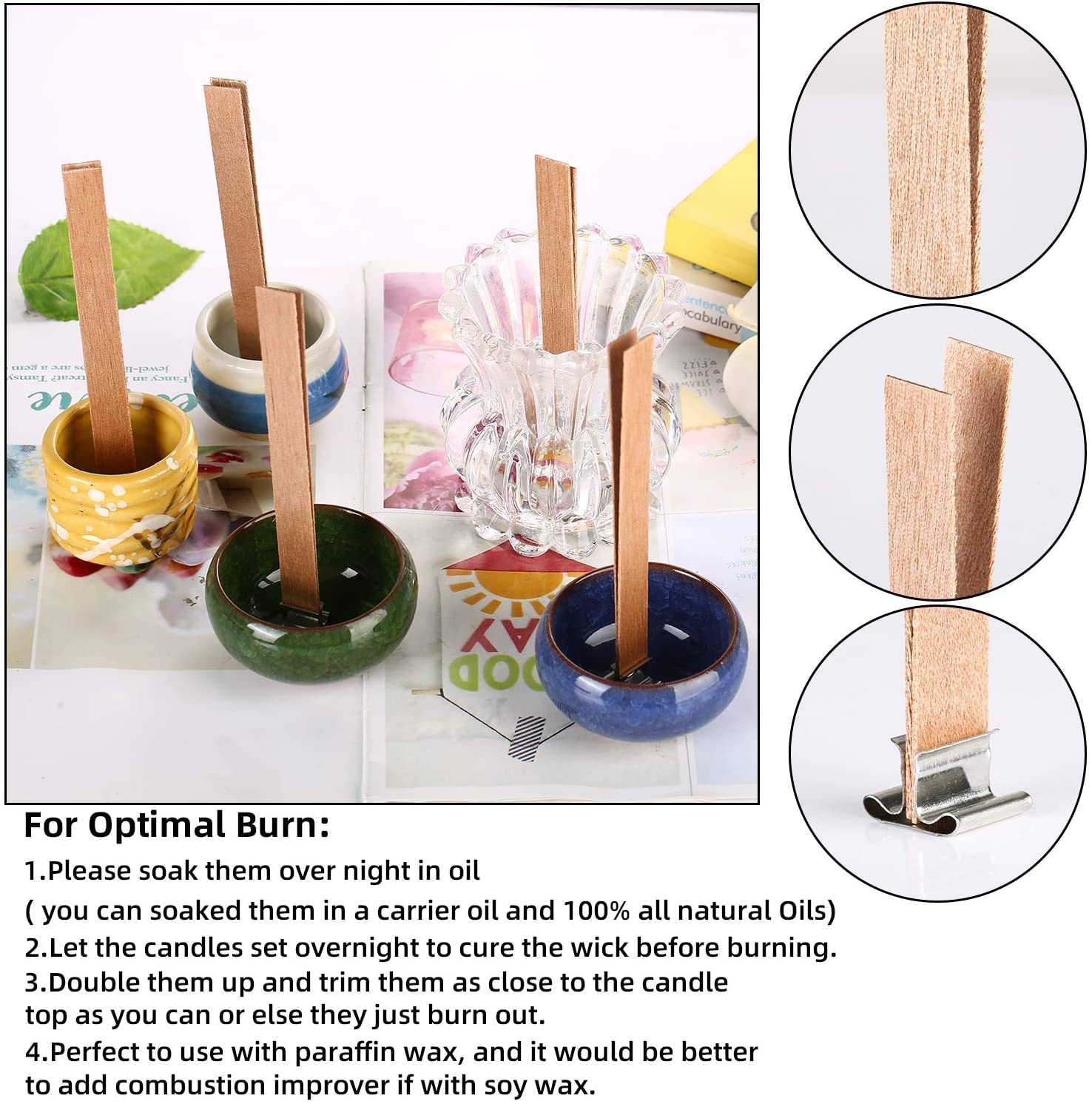 100 pcs Wooden Candle Wicks for Candle Making,6 inch Crackling Wood Wicks/Smokeless Candle Wick with Metal Base Clip 50 Sets