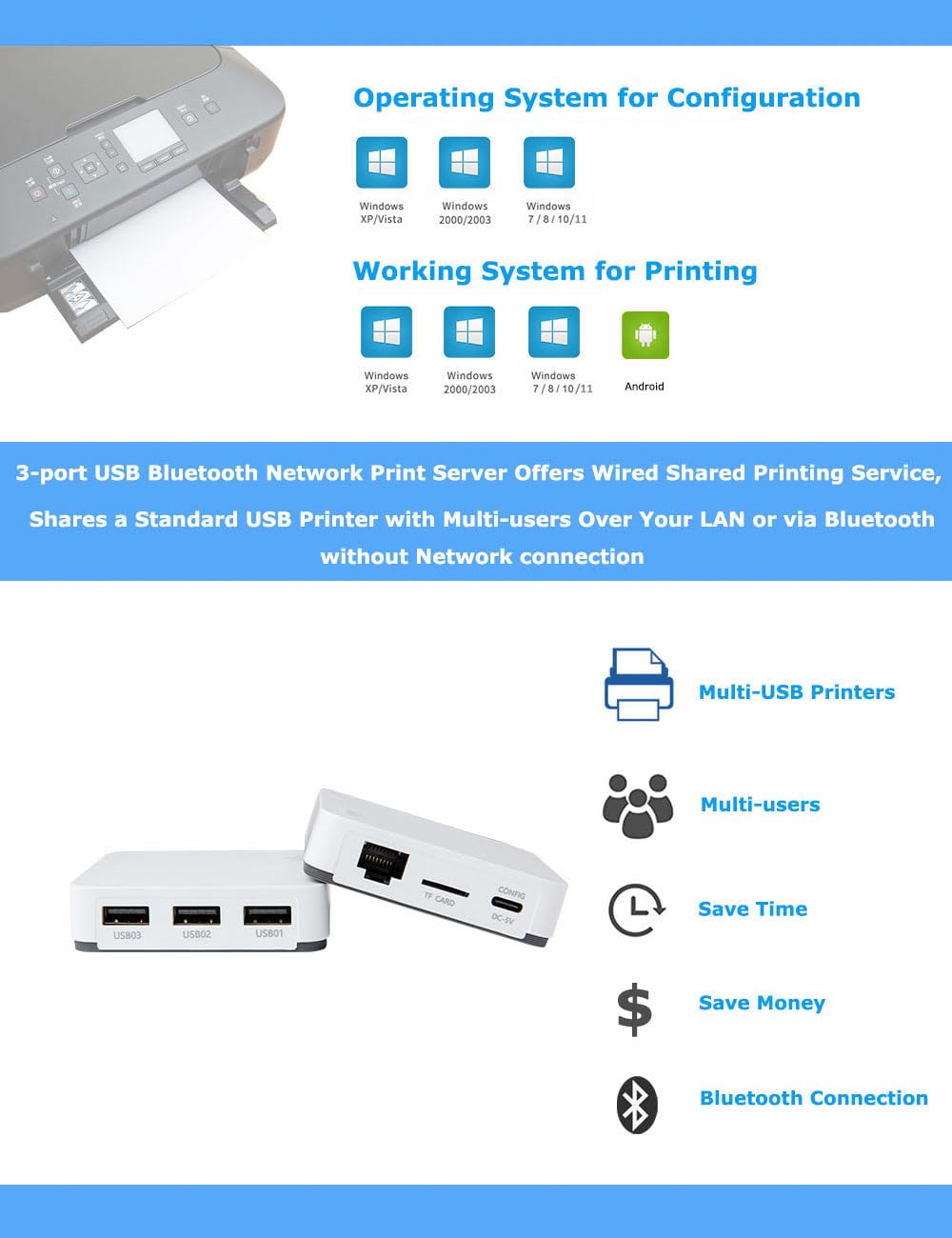 3-Port USB Blue~Tooth Network Print Server | Converts USB Printers to Wireless Network & Blue~Tooth Printers for Windows