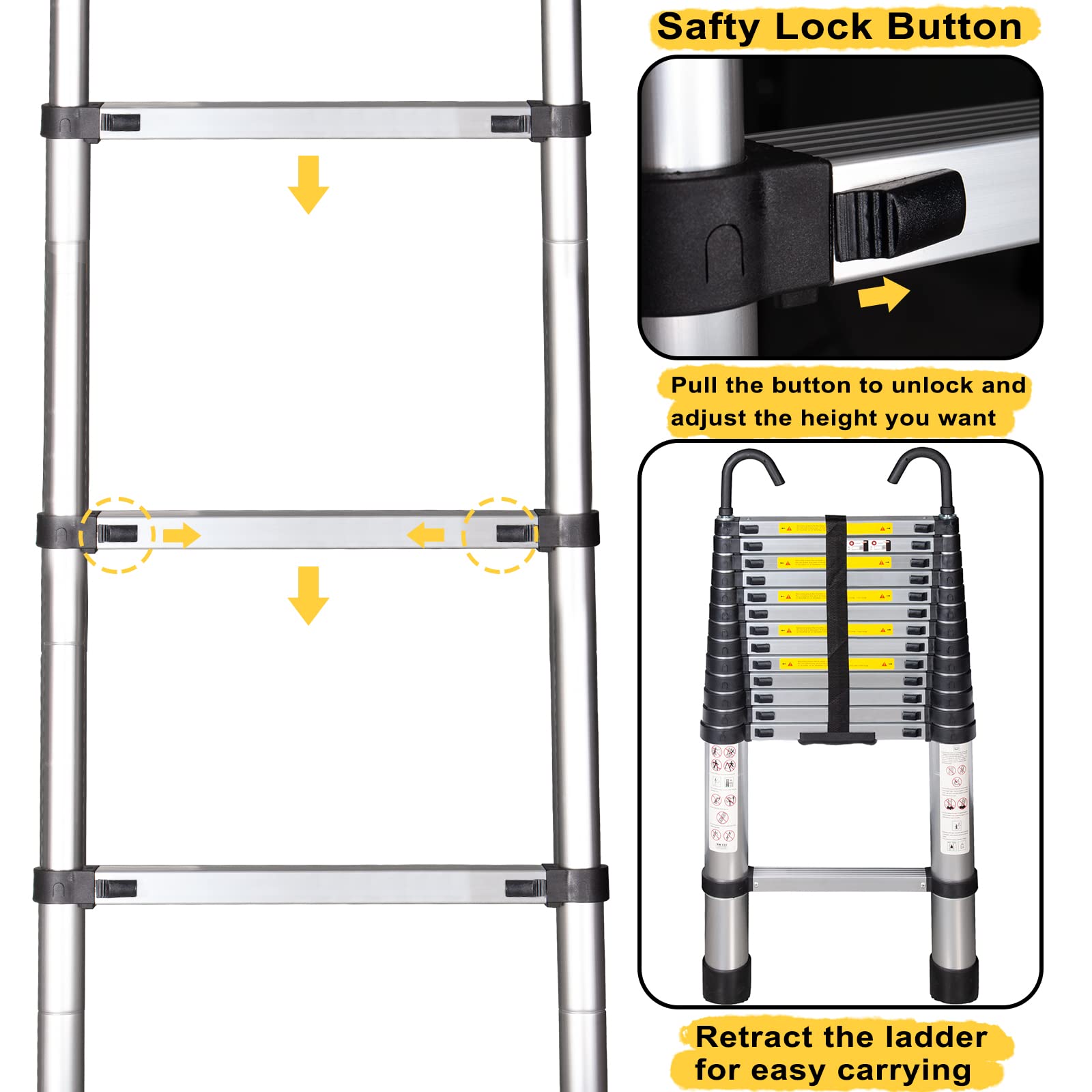 10.5FT Telescopic Ladder w/Non-Slip Feet Detachable Hooks,Aluminum Collapsible Portable Telescoping Ladder for Loft Roof Attic Ceiling,330 Lb Capacity Silver