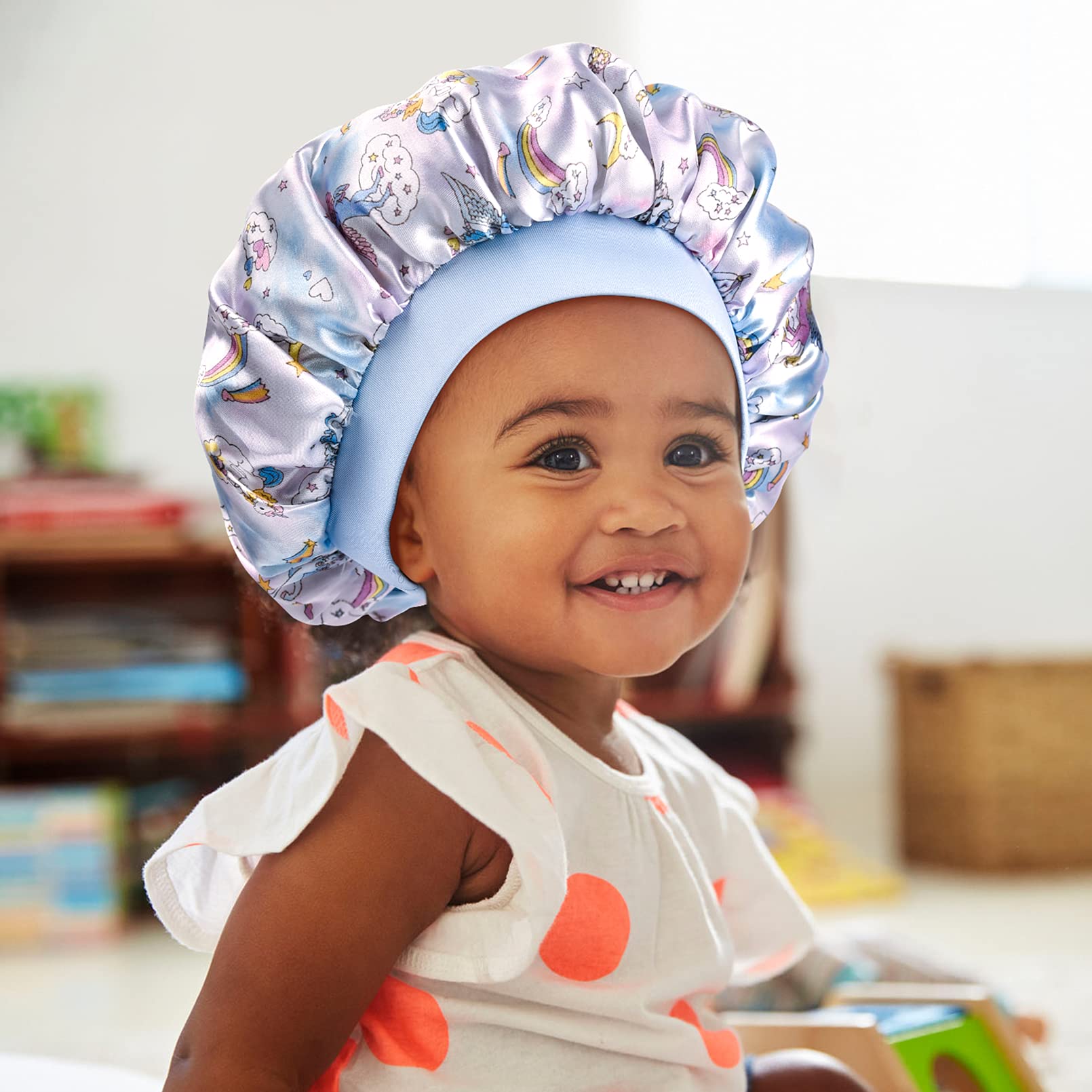 3 Pieces Kids Unicorn Satin Bonnet Wide Elastic Band Sleeping Cap Soft Silk Double Layer Night Hair Hats for Teens Toddler Child Baby