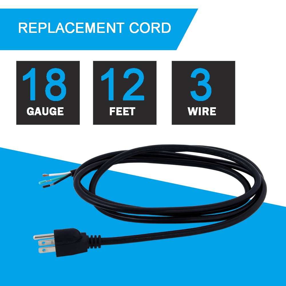 12FT 18AWG Power Cord Pigtail 3 Prong Open Wiring End Heavy Duty SJT Replacement Power Cord Cable NEMA 5-15P Male Plug, Power Cable 10A, 1200W at 120VAC