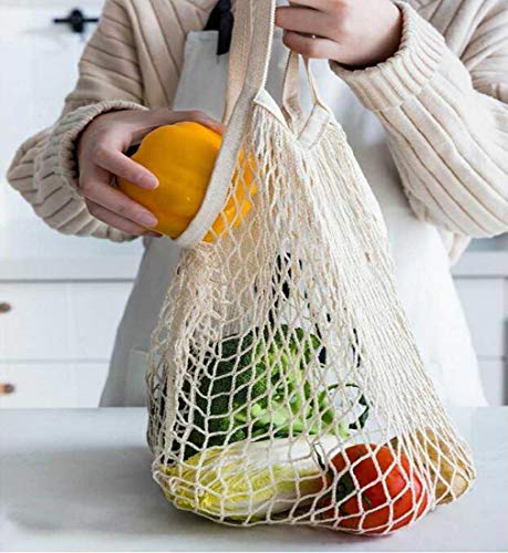 4 Pack Portable Reusable Grocery Bags Fruit and Vegetable Bag Washable Cotton Mesh String Organic Organizer Shopping Handbag Long Handle Net Tote (grey blue,Black,Beige,Pink)