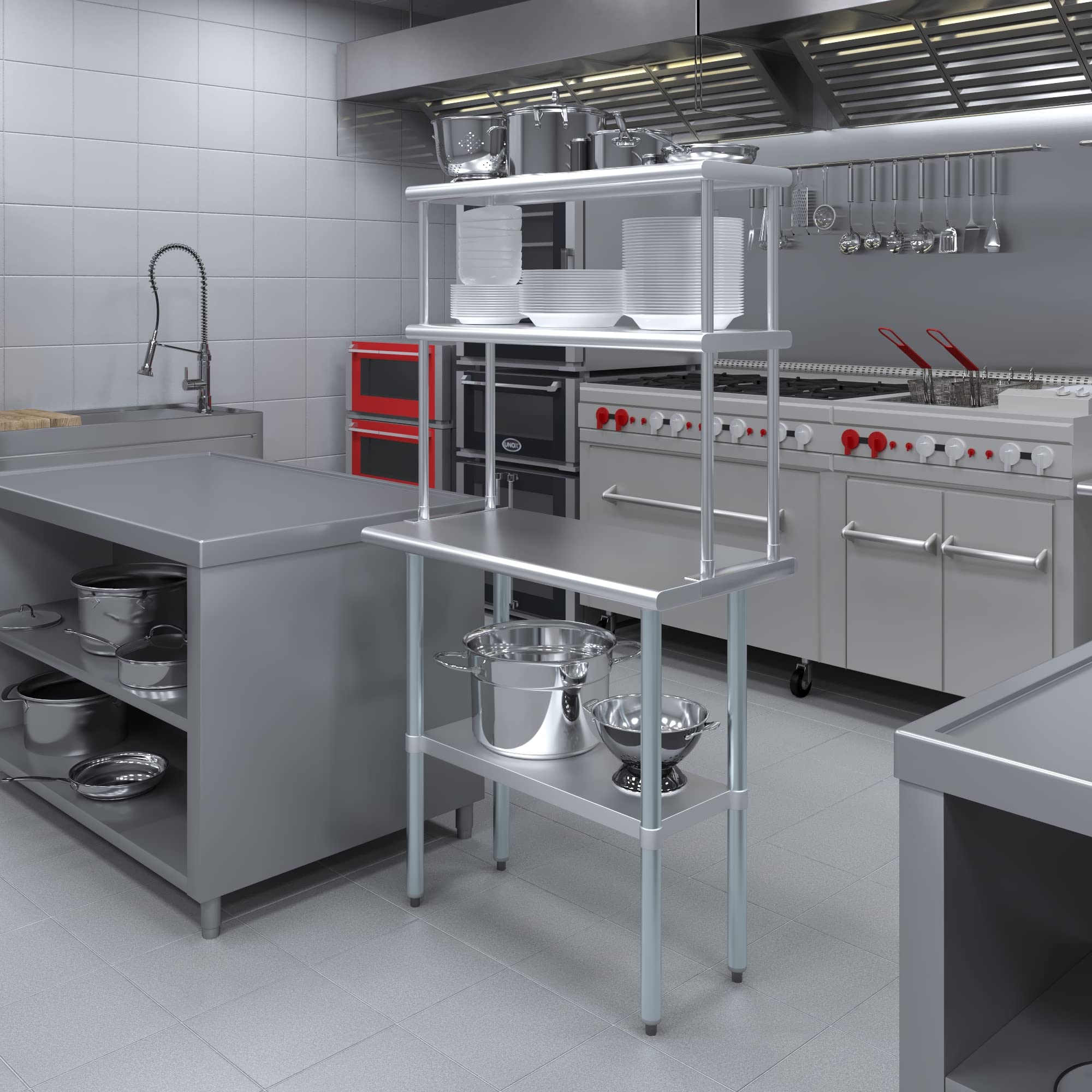 18" x 36" Stainless Steel Work Table with 12" Wide Double Tier Overshelf | Metal Kitchen Prep Table & Shelving Combo