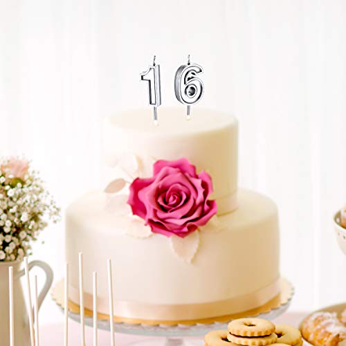 16th Birthday Candles Cake Numeral Candles Happy Birthday Cake Candles Topper Decoration for Birthday Wedding Anniversary Celebration Supplies (Silver)