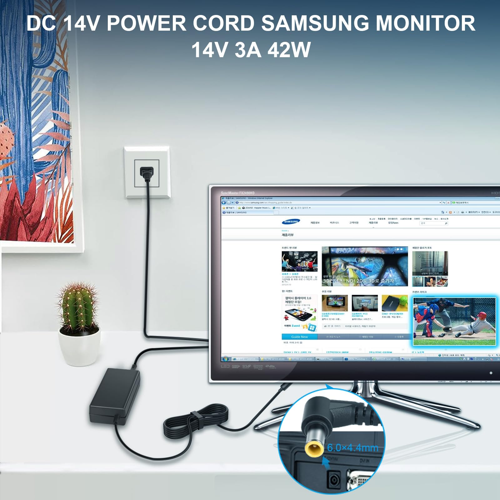 14V 3A Power Adapter Charger for Samsung Monitor S22A300B s22c300h, SyncMaster 15" 17" 18" 19" 20" 22" 23" 24" 27" Screen TV Power Cord