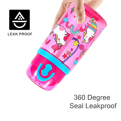 2 Pack Cute Water Bottles with Straw for Kids Girls Boys, BPA FREE Tritan & Leak Proof One Click Open Flip Top & Silicone Sipper & Secure Lock & Soft Carry Loop, 14oz / 400ml (Unicorn & Mermaid 2)