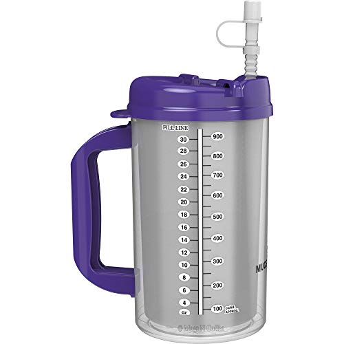 32 oz Double Walled Hospital Mug with Straw - Purple Lid and Handle - Mugs N Coffee