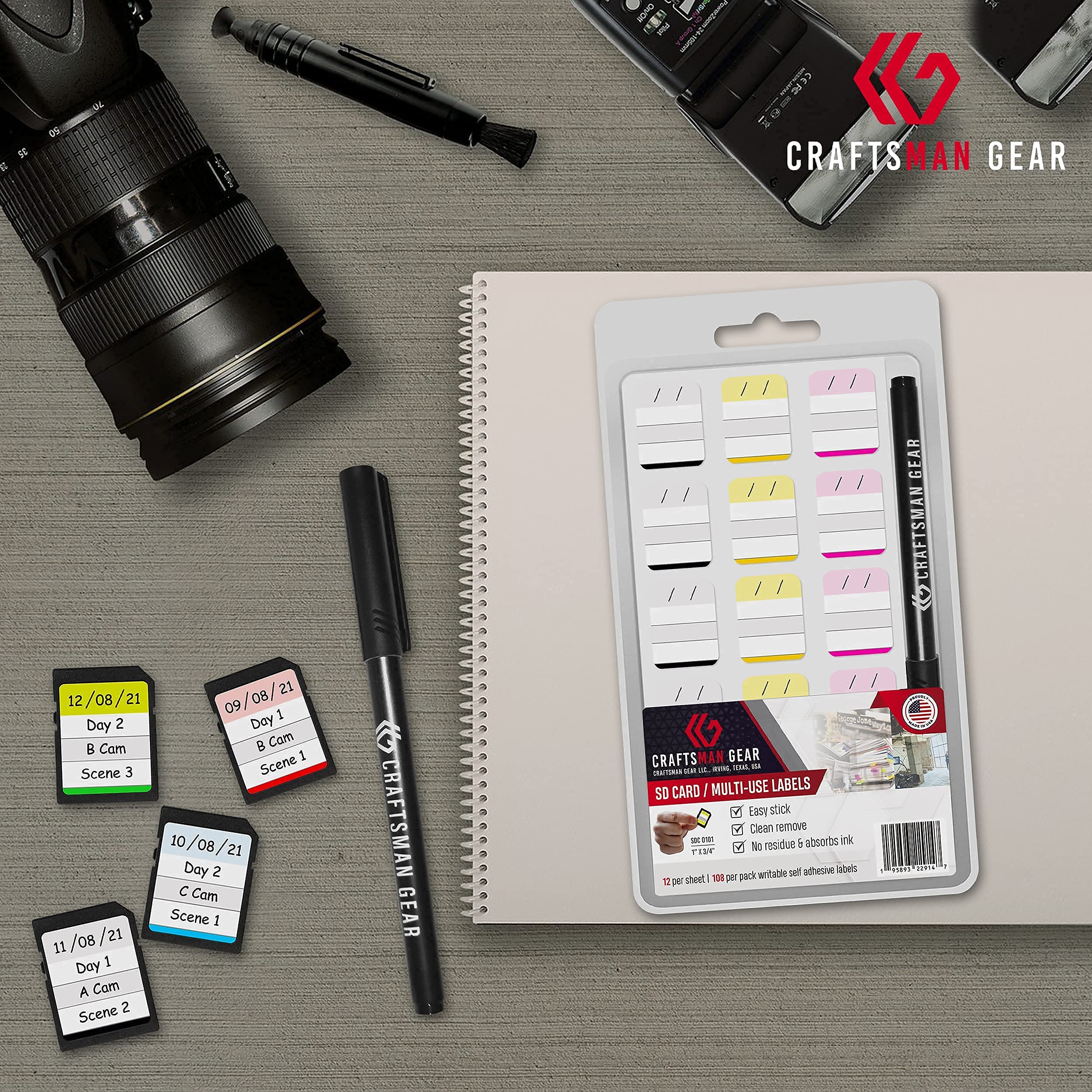 CGI Color (6) Coded Self Adhesive 120 SD Card Labels, 6 Cases, Felt Pen & Container Made in USA Removable Smudge Residue Free Writable Water Fade Resistant Stickers to Organize Memory Cards