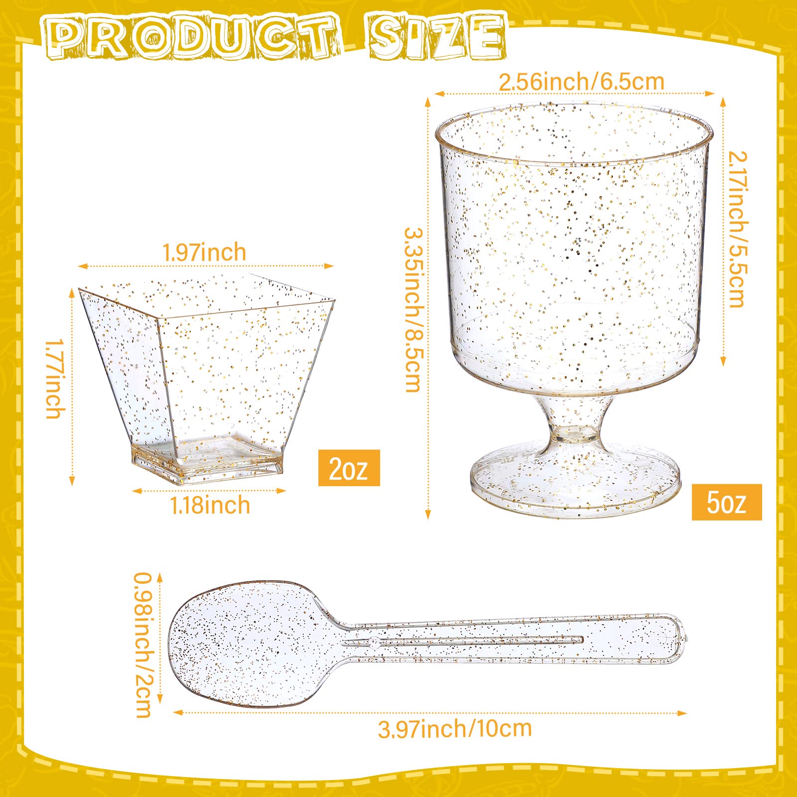 100 Pcs Plastic Dessert Cups with 100 Pcs Spoons Gold Glitter Goblet Square Cups 2 oz 5 oz Pudding Wine Dessert Bowls Dessert Containers for Birthdays, Wedding Party Supplies, 2 Styles