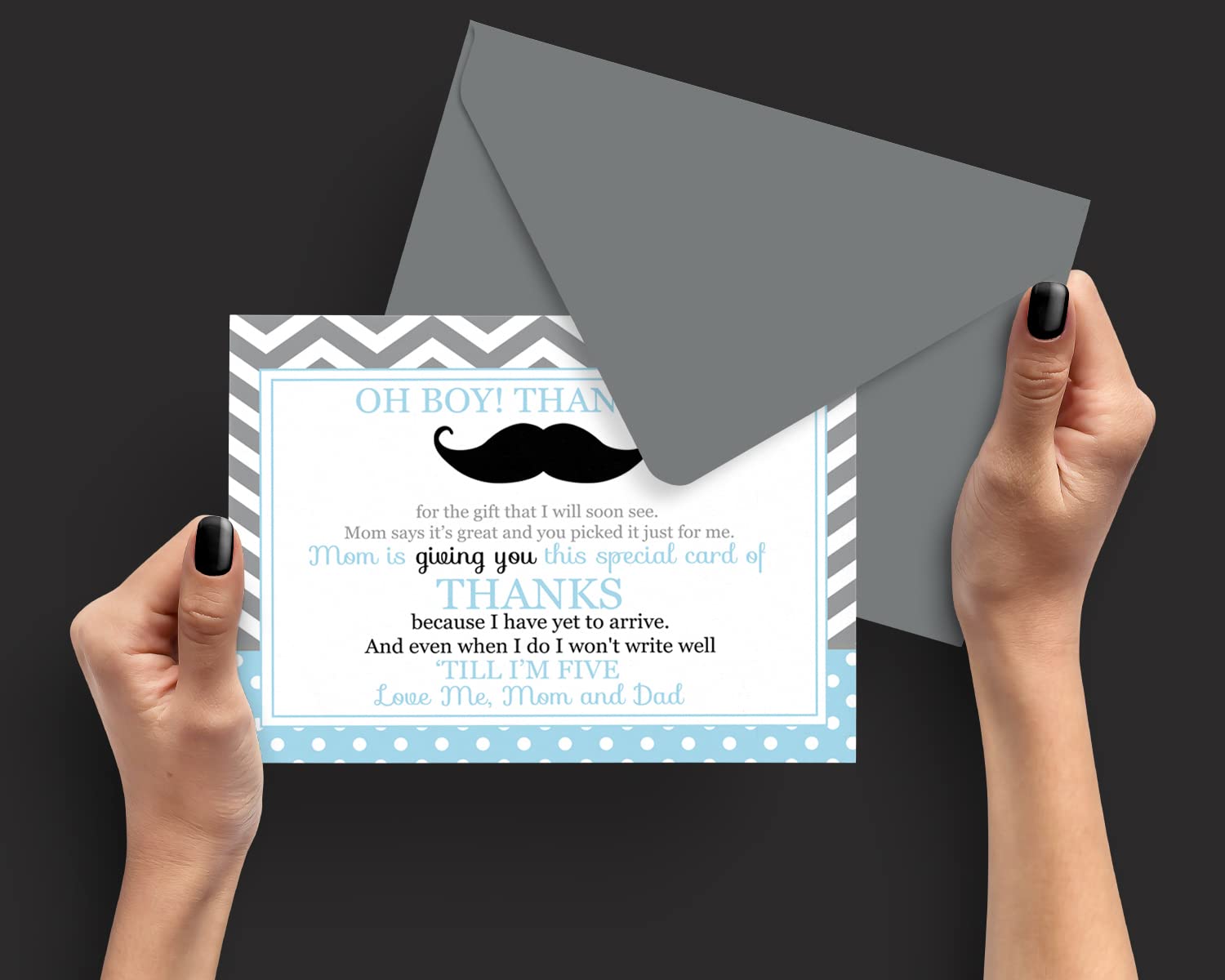 15 Mustache Thank You Cards with Grey Envelopes - Stationery for Boys Baby Shower - Dapper Chevron Stripes
