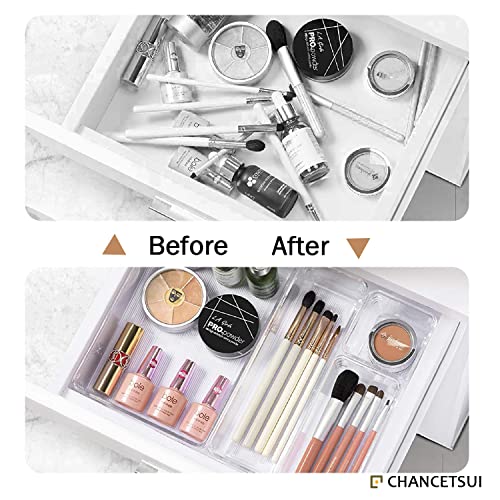 13 Pcs Drawer Organizer Set Clear Plastic Storage Bins Office Desk Drawer Dividers Trays with Non-Slip Silicone Pads, Dresser Separation Box for Makeup, Jewelries and Gadgets, Bedroom, Bathroom