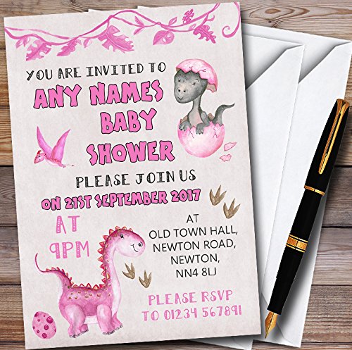 10 x Watercolour Pink Dinosaur Girl Personalized Baby Shower Invitations