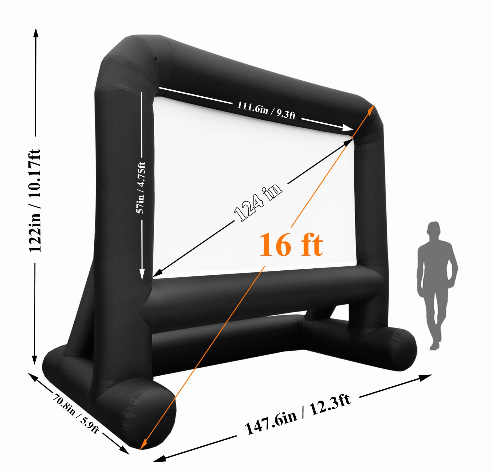 16 FT Outdoor Inflatable Projector Screen – One-Piece Design, Easy Setup Blow-Up Screen with Quiet Fan, Perfect for Backyard Movie Nights & Events (Stable Base)