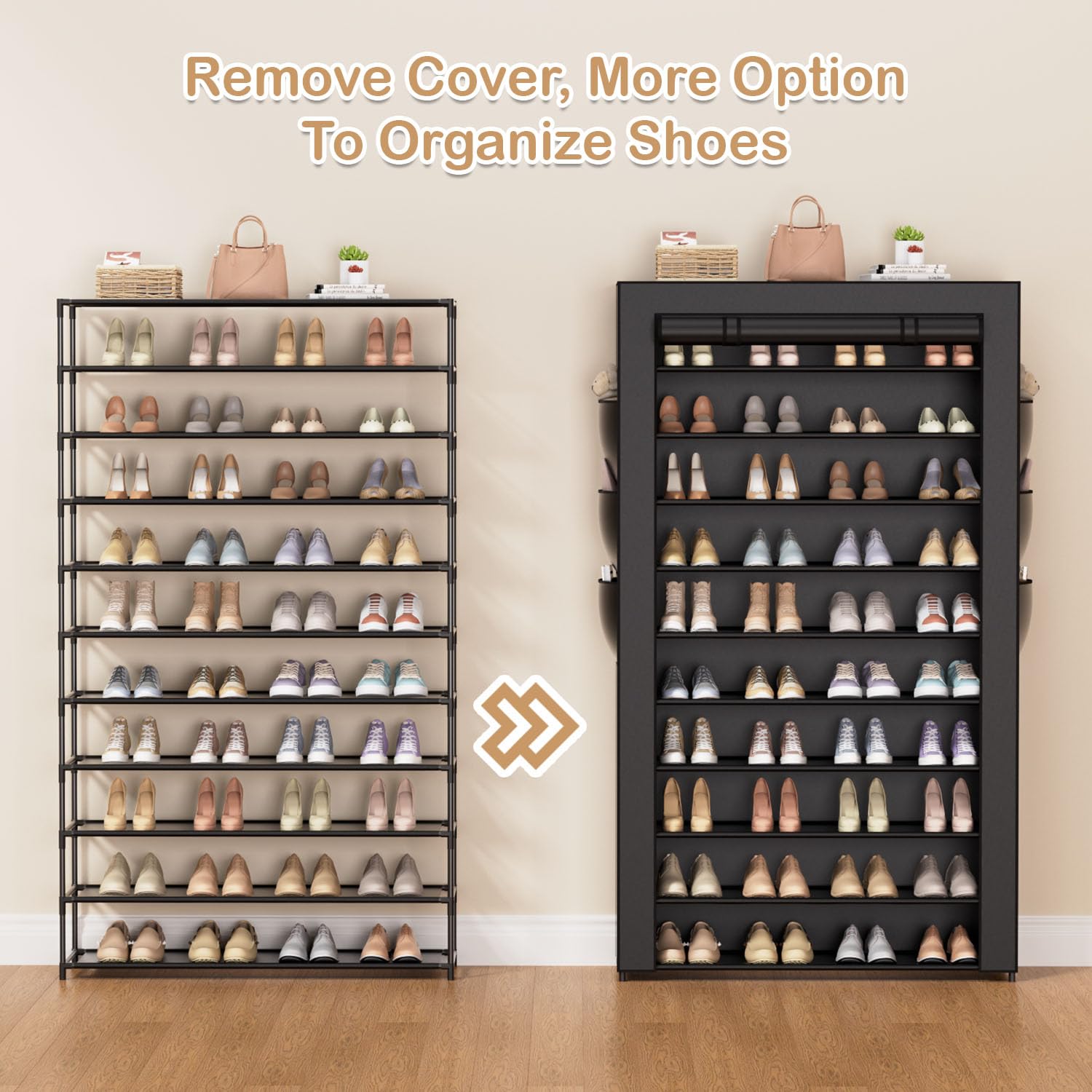 10 Tiers Large Shoe Rack with Covers- Large Capacity 40-50Pairs Shoes Rack Storage Organizer Closed Tall Shoe Rack Organizer with Covers for Closet Entryway Garage, Stackable Tall Shoe Shelf Storage