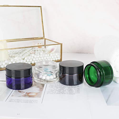 24 Pack 1oz Clear Round Glass Jars - Empty Cosmetic Containers with Inner Liners, black Lids and Glass Sample Jars with labels For Slime, Beauty Products, Cosmetic, Lotion,Powders and Ointments