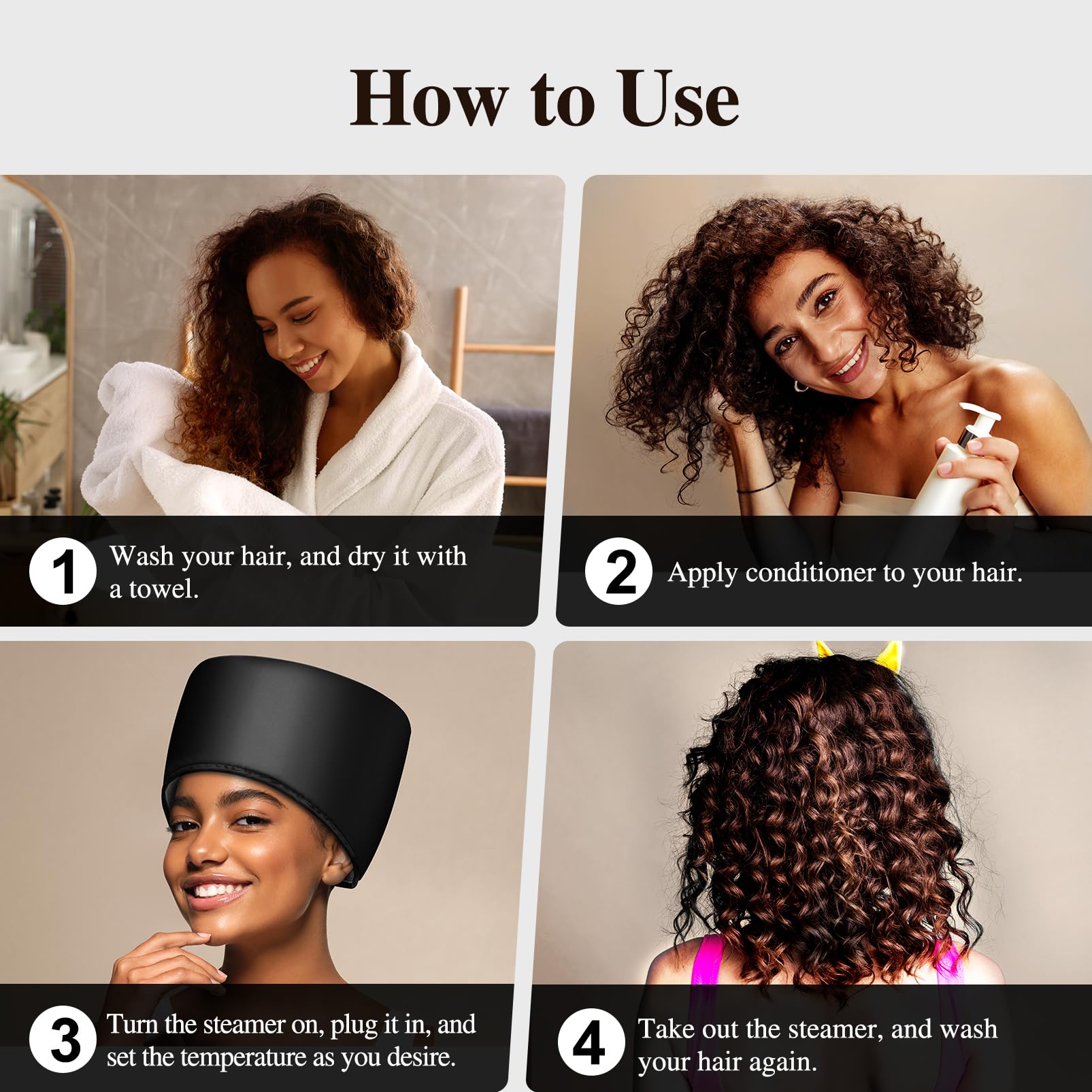 Heated Electric Thermal Steamer Cap for Natural Black Afro Hair - Hot Spa Treatment Hat with Temperature Control for Deep Conditioning at Home - Black