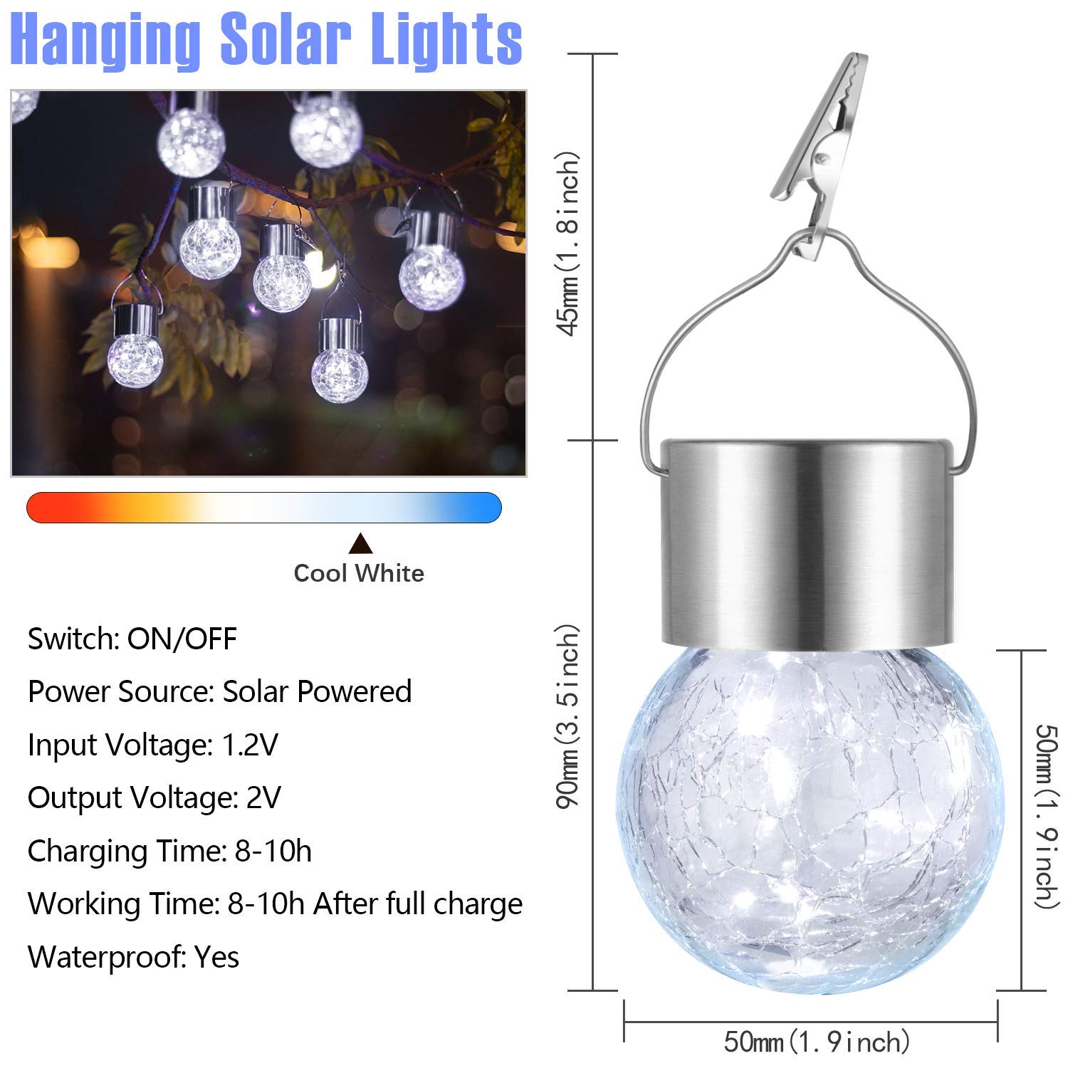 10-Pack Hanging Solar Lights Outdoor, Solar Powered Cracked Glass Ball Light, Decorative Globe Lighting Outdoor Waterproof with Handle for Garden, Tree, Holiday Decoration, Cool White