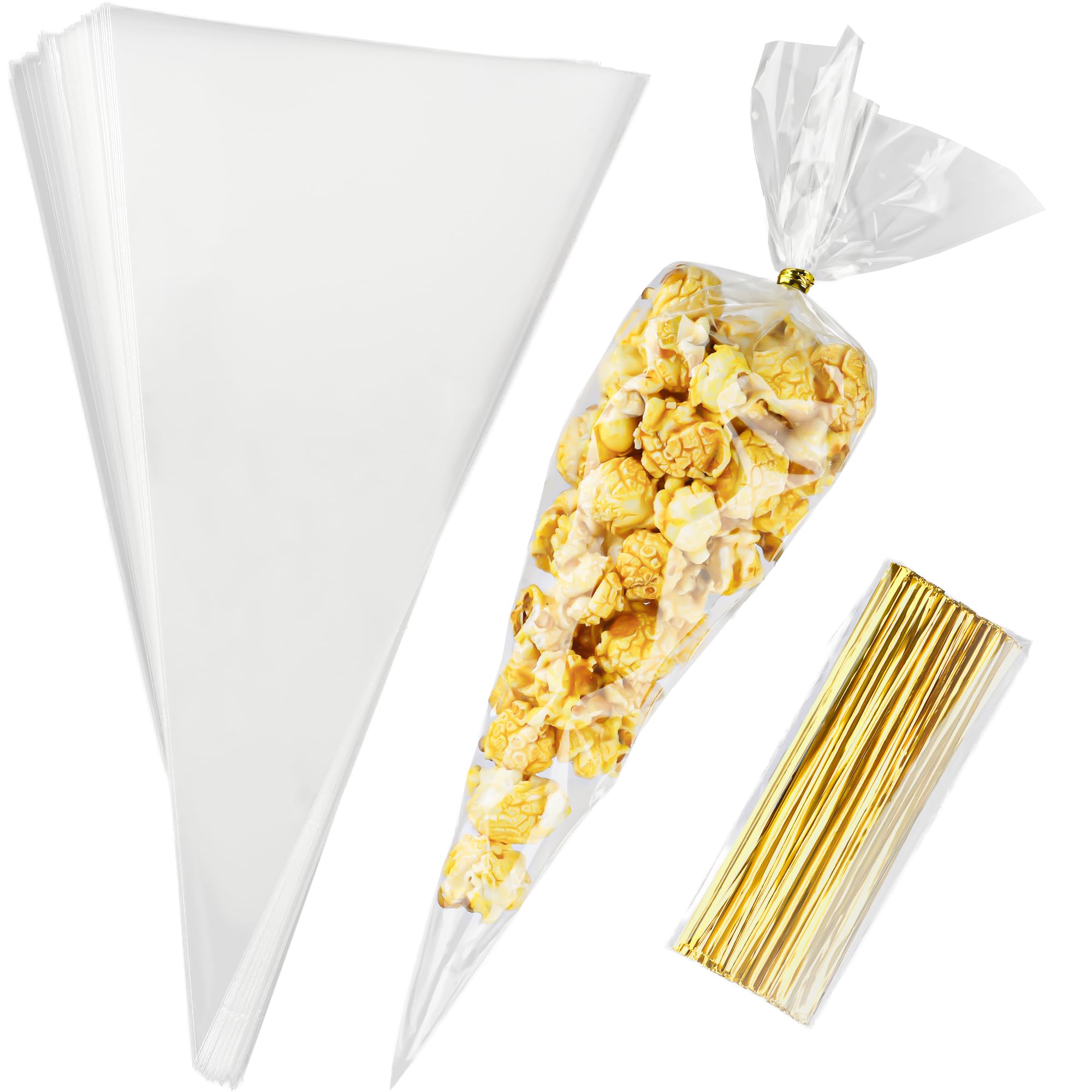 100 Pieces Cone Shaped Treat Bags, Cone Shaped Cellophane Treat Bags, 10 x 5 Inches Triangle Treat Bags with Ties, Clear Treat Bags, Plastic Treat Bags with Twist Ties for Popcorn Treats Cookies Candy
