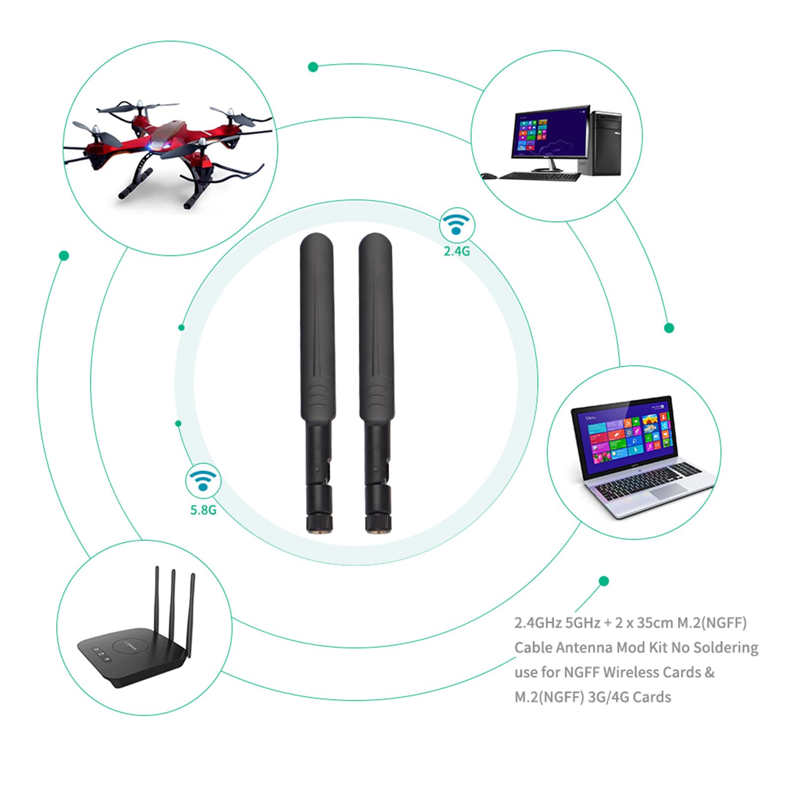 2 x 6dBi 2.4GHz 5GHz Dual Band WiFi RP-SMA Male Antenna+2 x 35CM RP-SMA IPEX MHF4 Pigtail Cable for M.2 NGFF WiFi WLAN Card