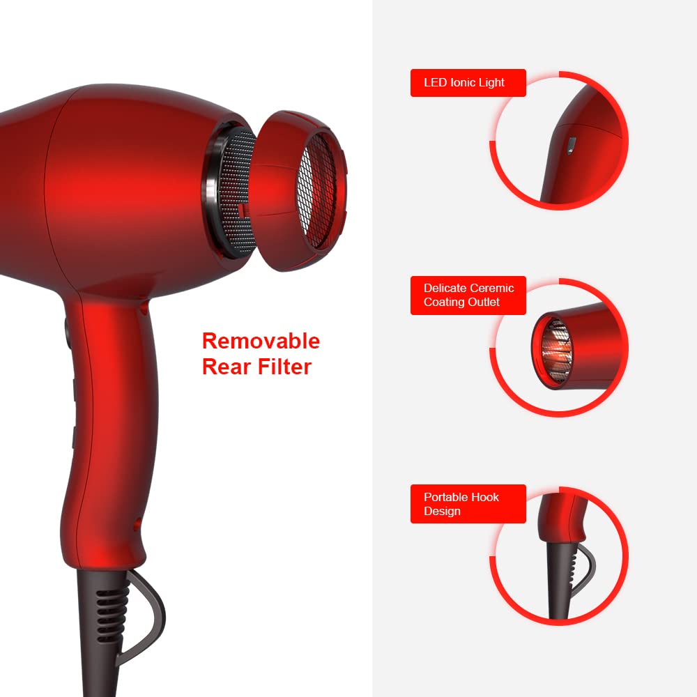 1875W Professional Ionic Hair Dryer, Salon Lightweight Blow Dryer, 2 Speed and 3 Heat Settings, Powerful Ceramic Fast Dryer with Diffuser, Concentrator and Comb (Red)