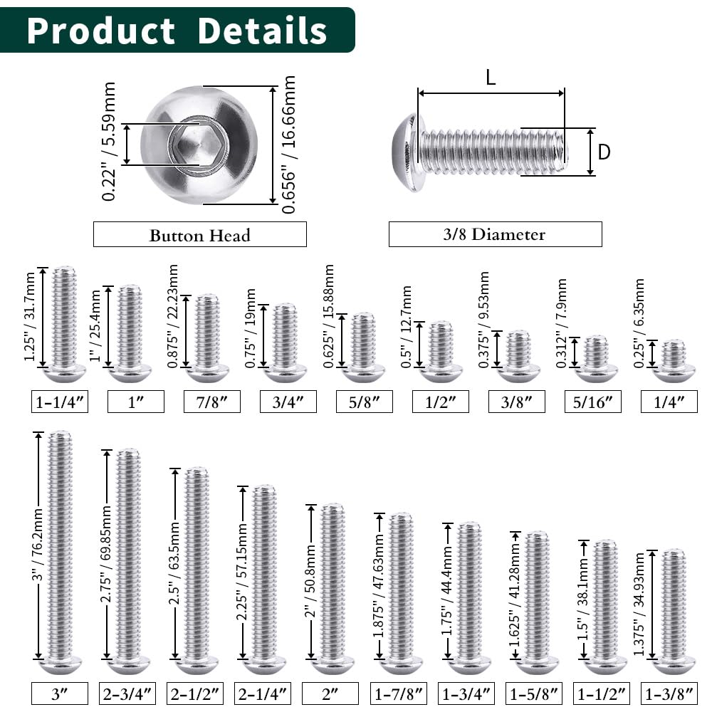 3/8-16 x 1 Button Head Socket Cap Bolts Screws, 304 Stainless Steel 18-8, Full Thread, Coarse Thread UNC, Allen Hex Drive, 25 PCS