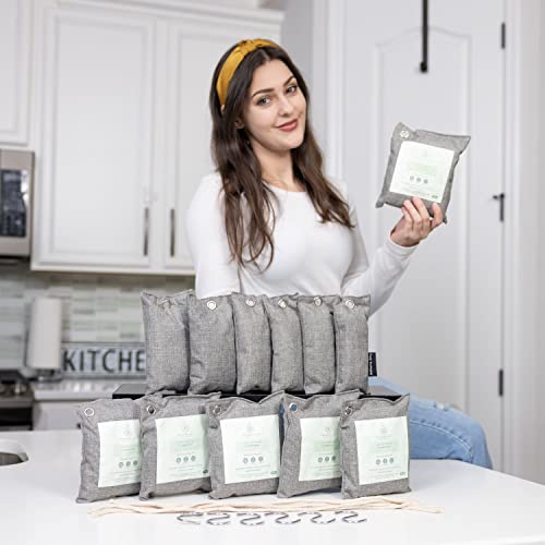 Adhara Sky 12 Pack Bamboo Charcoal Air Purifying Bag, Activated charcoal Bags Odor Absorber, Odor Eliminator for Home, Car, Office, Closet & House Deodorizer (6X200g,2X100g,4X50g,6 Hooks & Strings)